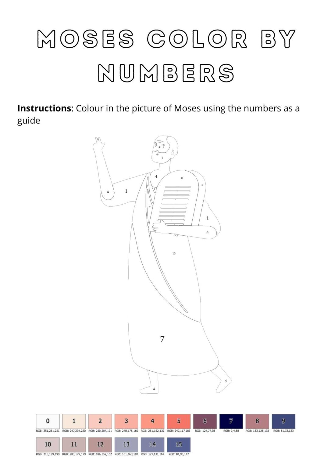Moses Color by Numbers Worksheet - Free Bible Worksheets