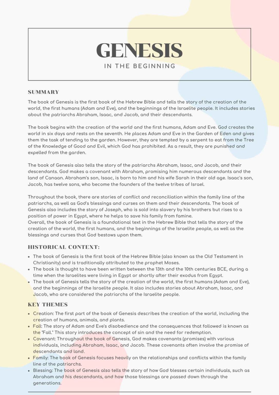 The Pentateuch (Torah or Law) Bible Summary Sheets – Download All 5 ...