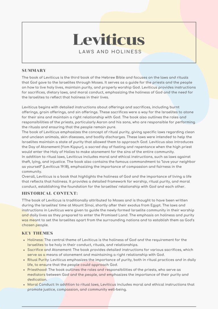 Leviticus Bible Summary Sheet Printable - Free Bible Worksheets