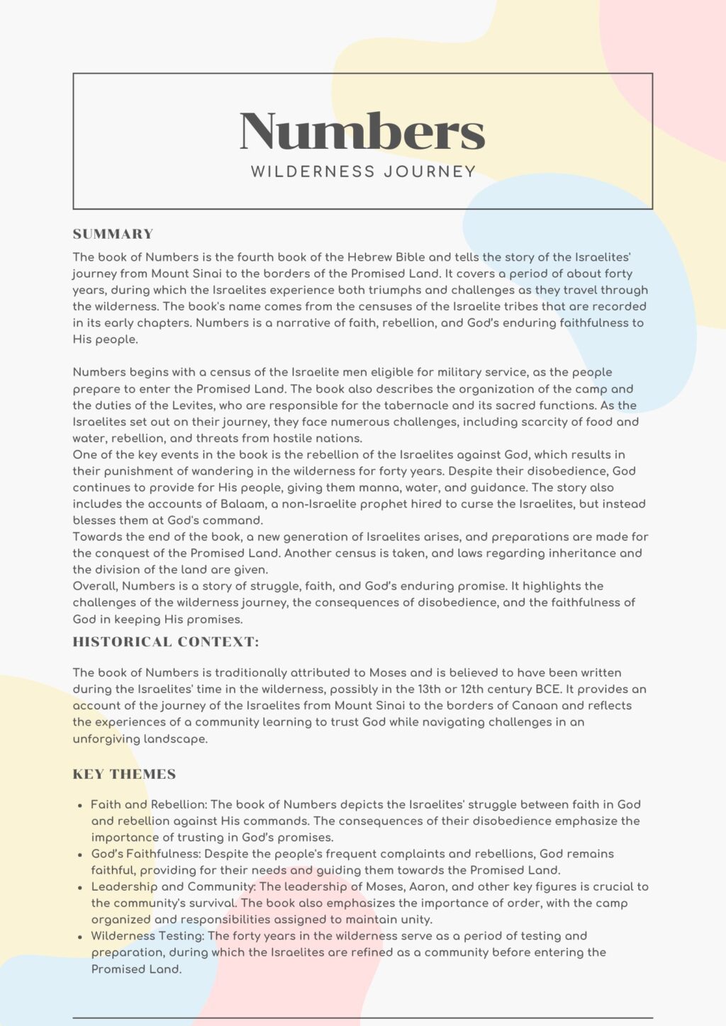 Numbers Bible Summary Sheet Printable - Free Bible Worksheets