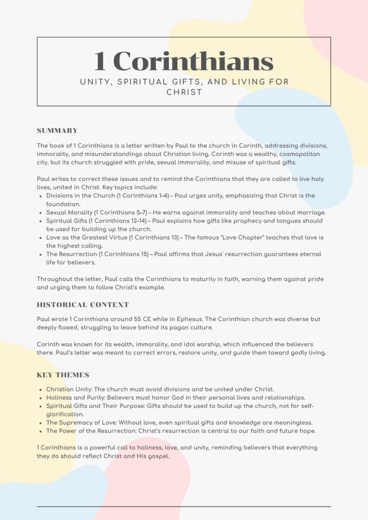 1 Corinthians Bible Summary Sheet Printable – Christian Living and ...