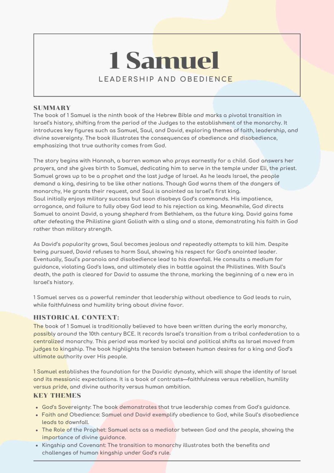 1 Samuel Printable Bible Study: Kingship, Leadership, and God’s Calling ...