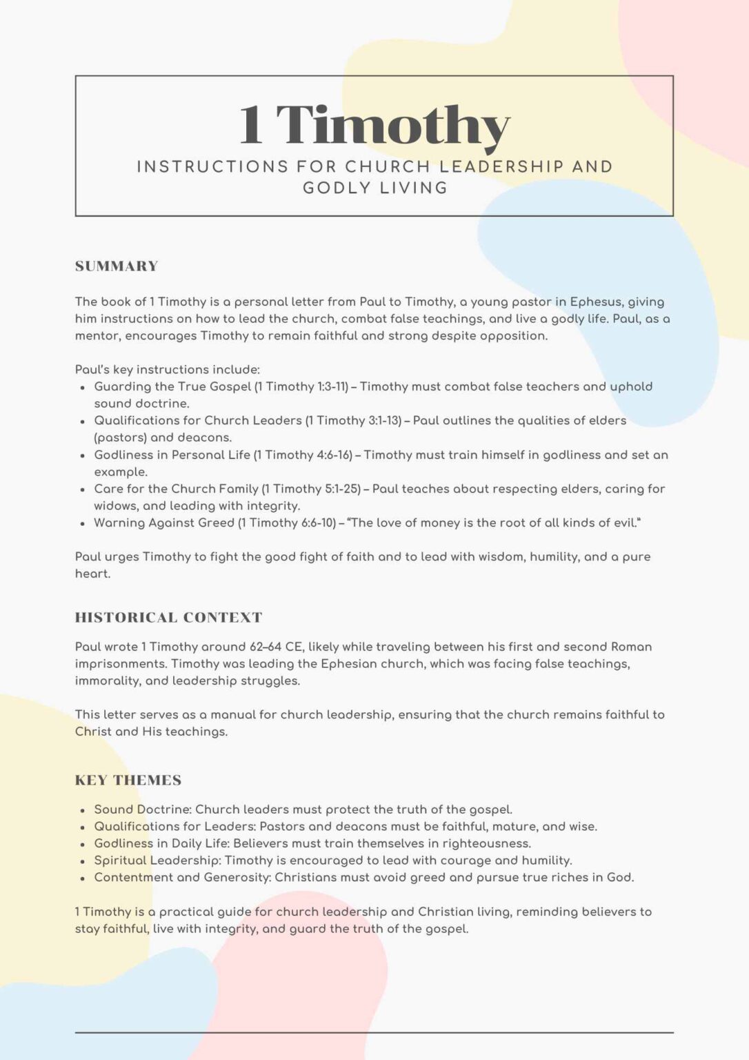 1 Timothy Bible Summary Sheet Printable – Biblical Leadership and ...