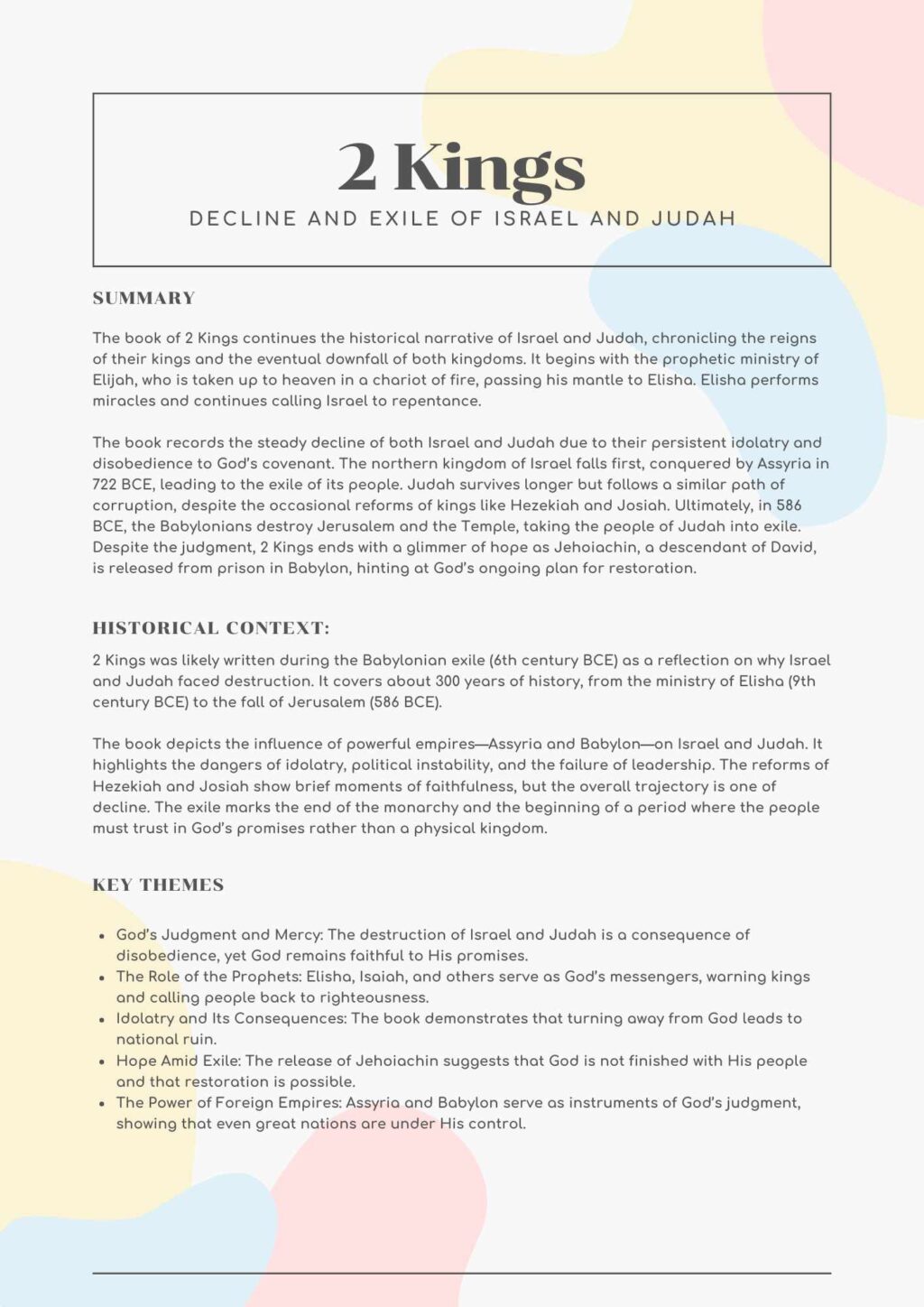 2 Kings Bible Summary Sheet Printable – Prophets, Kings, and the Fall ...