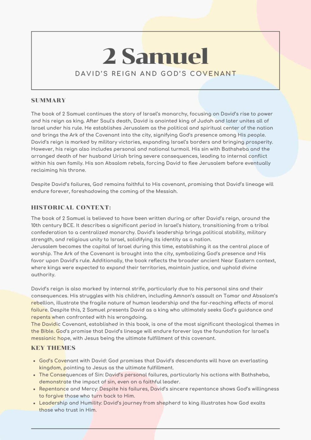 2 Samuel Bible Summary Sheet Printable – The Reign of King David and ...