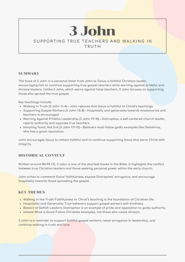 3 John Bible Summary Sheet Printable – Encouragement to Walk in Truth ...