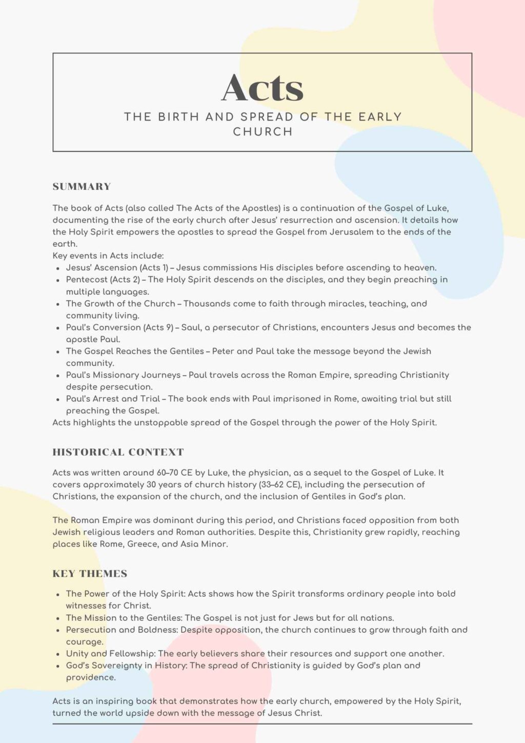 Acts Bible Summary Sheet Printable – The Early Church and the Work of ...