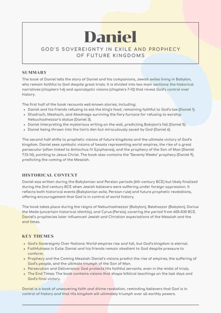 Daniel Bible Summary Sheet Printable – Faith in Exile and Prophecies of ...