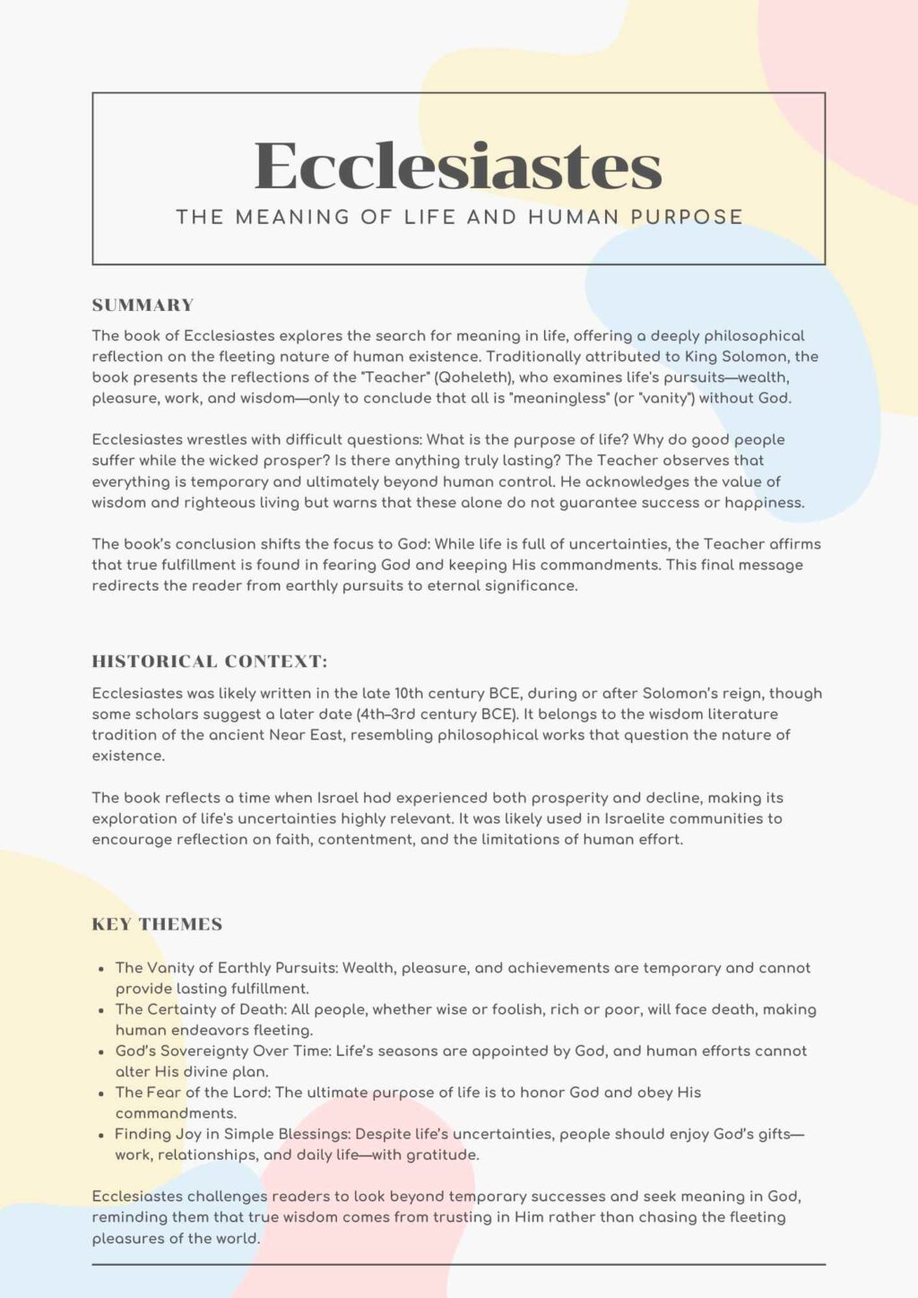 Ecclesiastes Bible Summary Sheet Printable – Discovering Life’s True ...