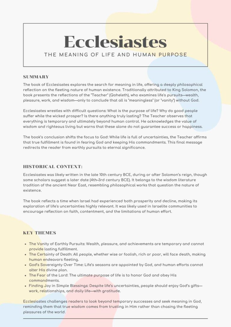 Ecclesiastes Bible Summary Sheet Printable – Discovering Life’s True ...
