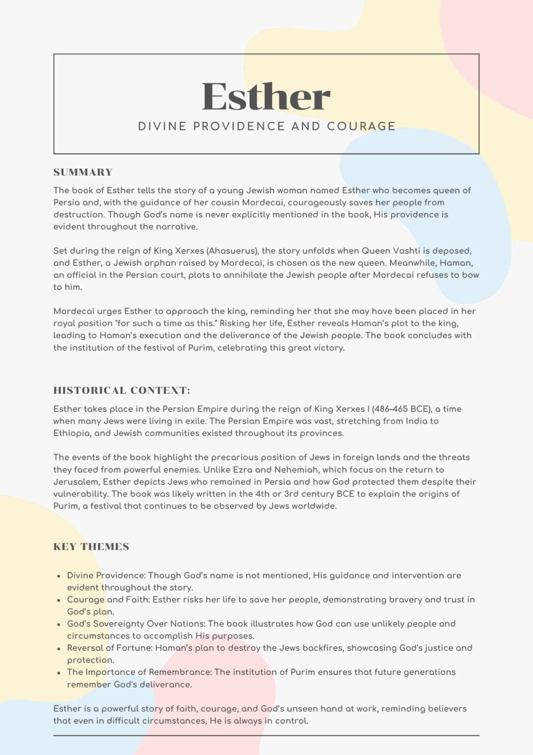 Esther Bible Summary Sheet Printable – Courage, Providence, and ...
