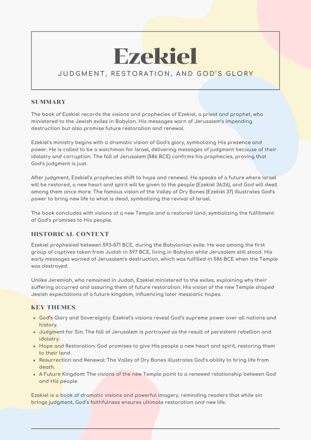 Ezekiel Bible Summary Sheet Printable – God’s Judgment and Promise of ...