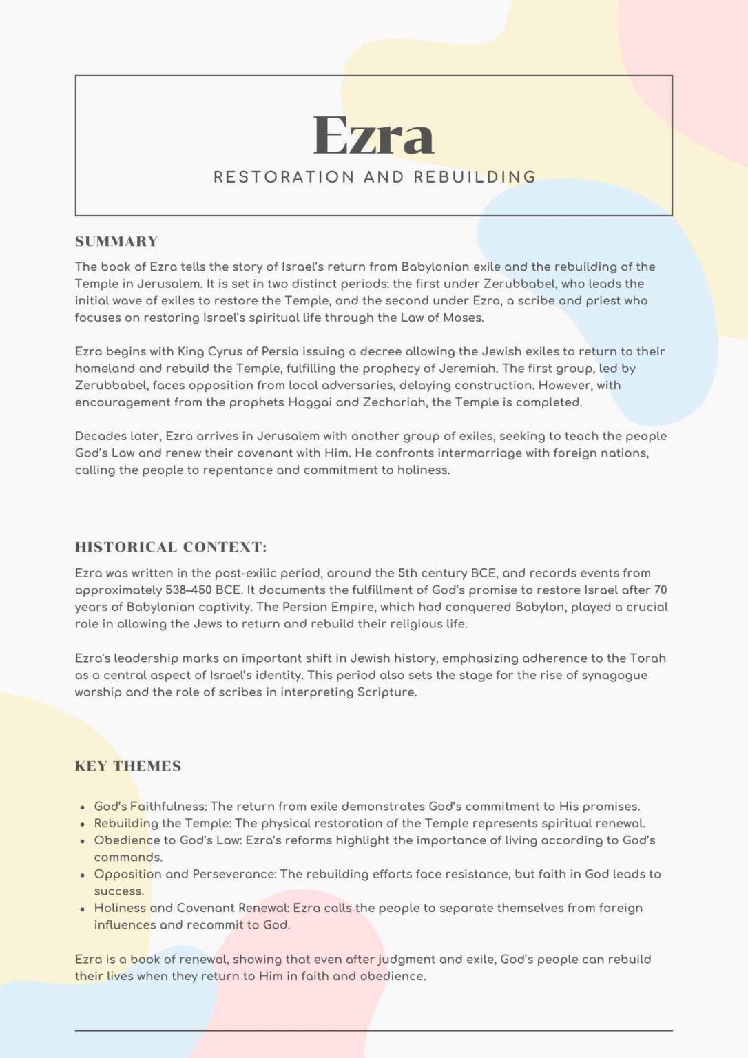 Ezra Bible Summary Sheet Printable – Rebuilding the Temple and ...