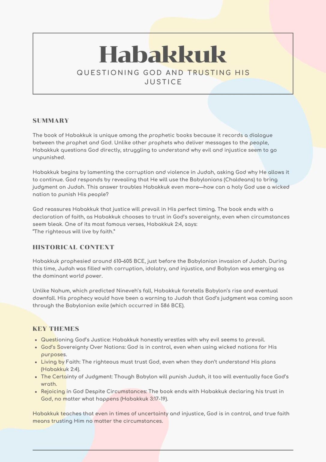 Habakkuk Bible Summary Sheet Printable – From Doubt to Faith in God’s ...