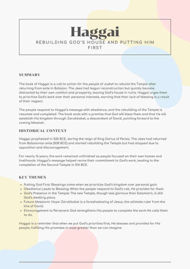 Haggai Bible Summary Sheet Printable – Obedience and Rebuilding God’s ...