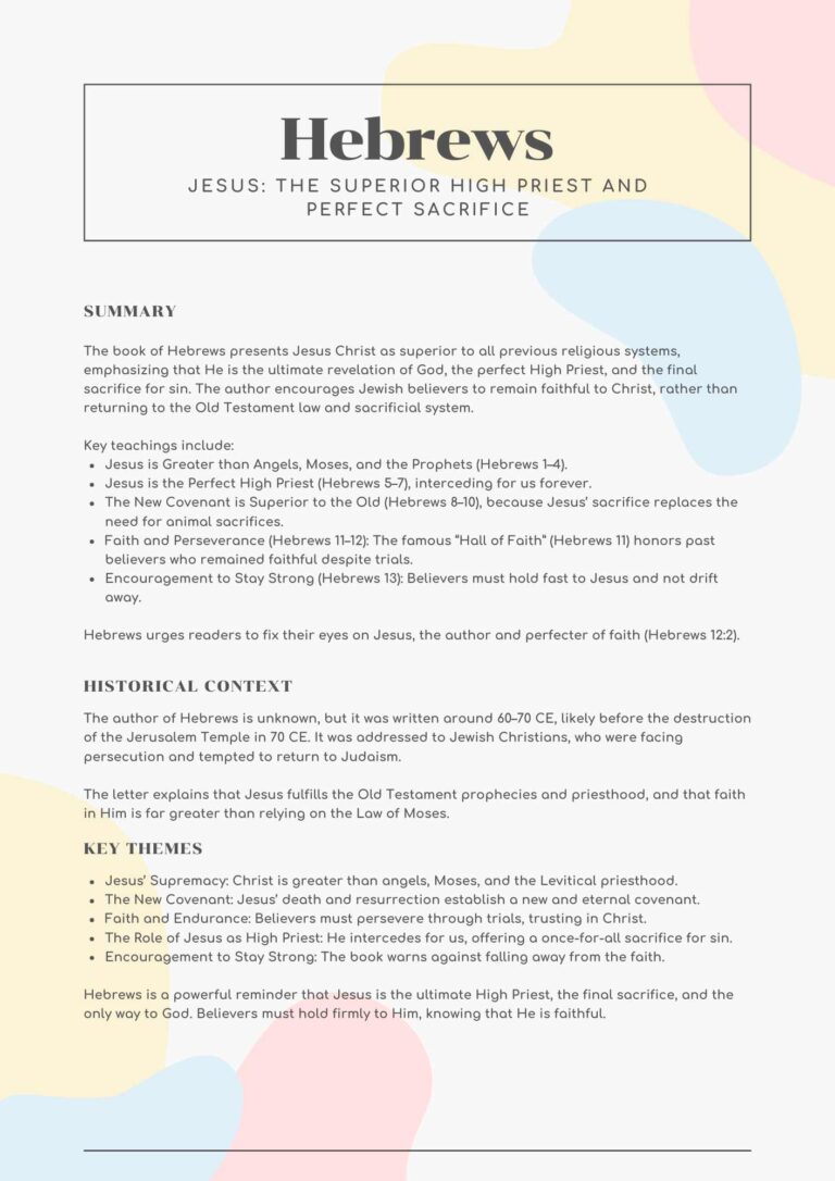 Hebrews Bible Summary Sheet Printable – Christ’s Superiority and the ...
