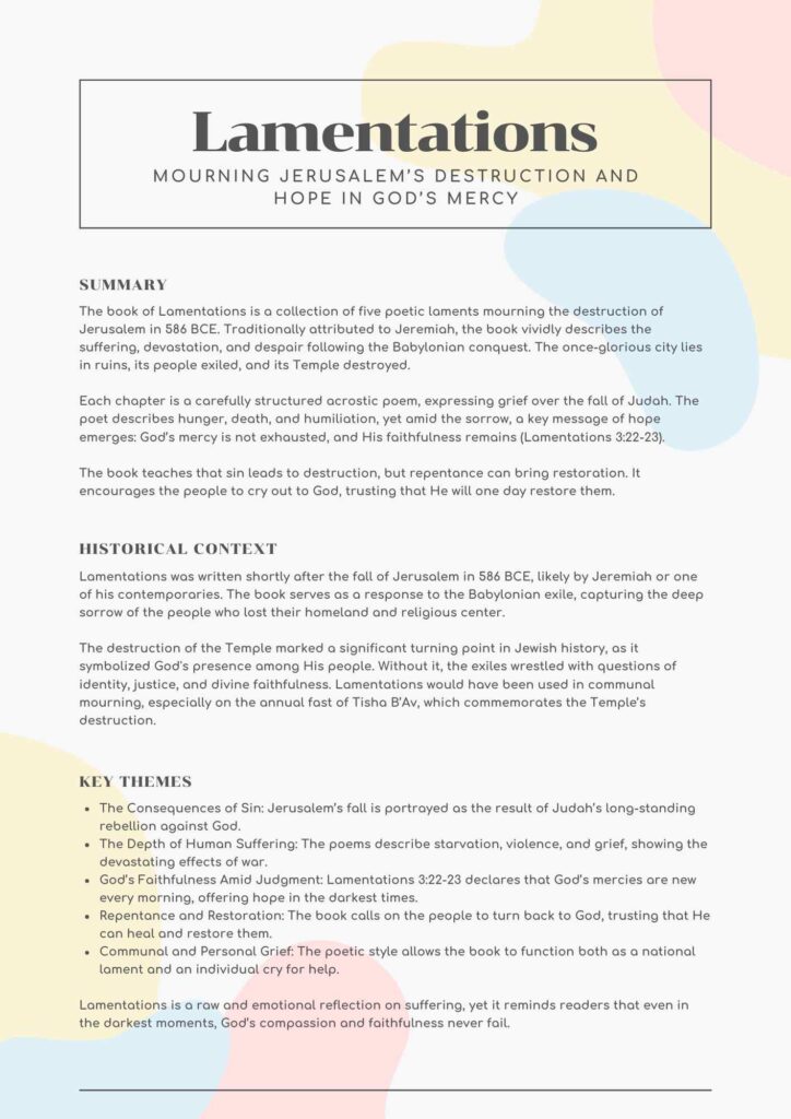 Lamentations Bible Summary Sheet Printable – Finding Hope in Suffering ...