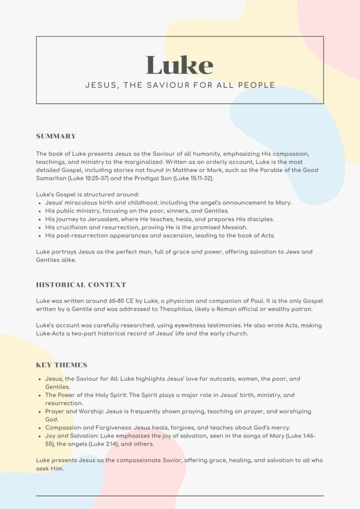 Luke Bible Summary Sheet Printable – The Compassionate Savior and His ...