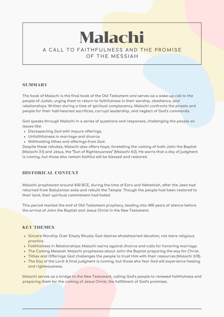 Malachi Bible Summary Sheet Printable – God’s Call to True Worship and ...