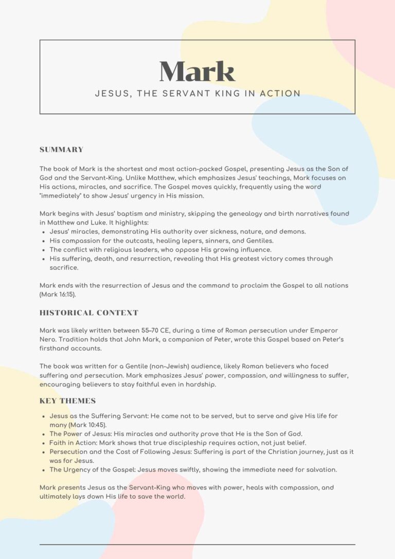 Mark Bible Summary Sheet Printable – The Fast-Paced Gospel of Action and Power - Free Bible ...