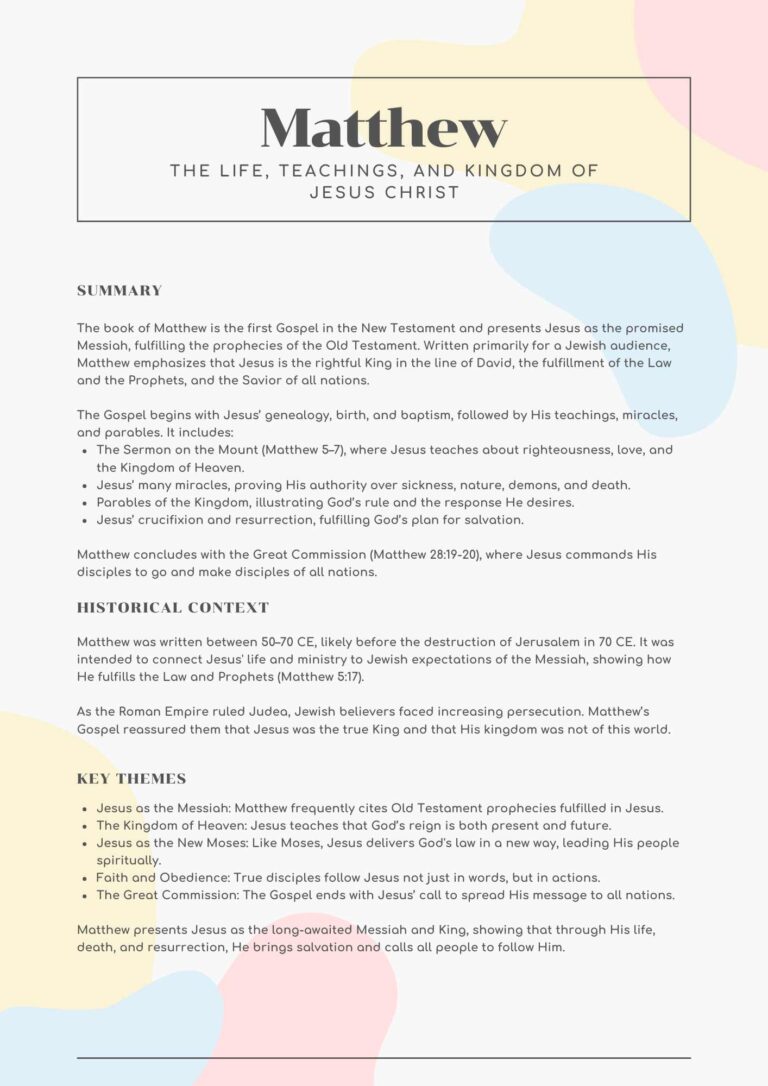 Matthew Bible Summary Sheet Printable – The Gospel of the Messiah and ...