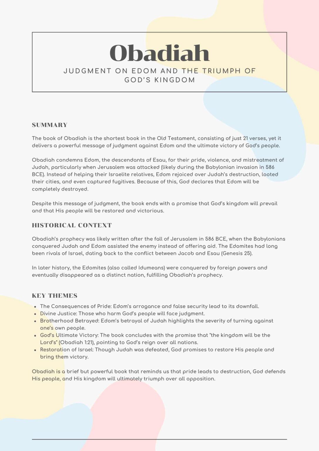 Obadiah Bible Summary Sheet Printable – Edom’s Judgment and God’s Sovereignty - Free Bible ...