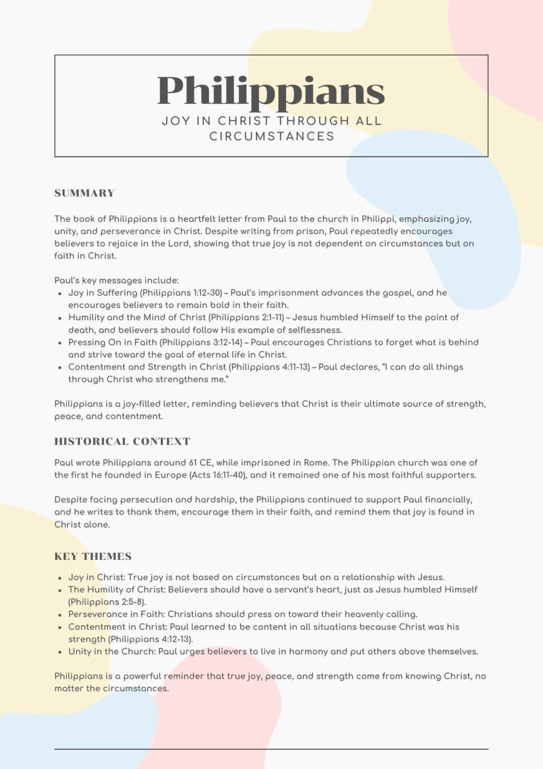 Philippians Bible Summary Sheet Printable – Finding Joy in Christ No ...