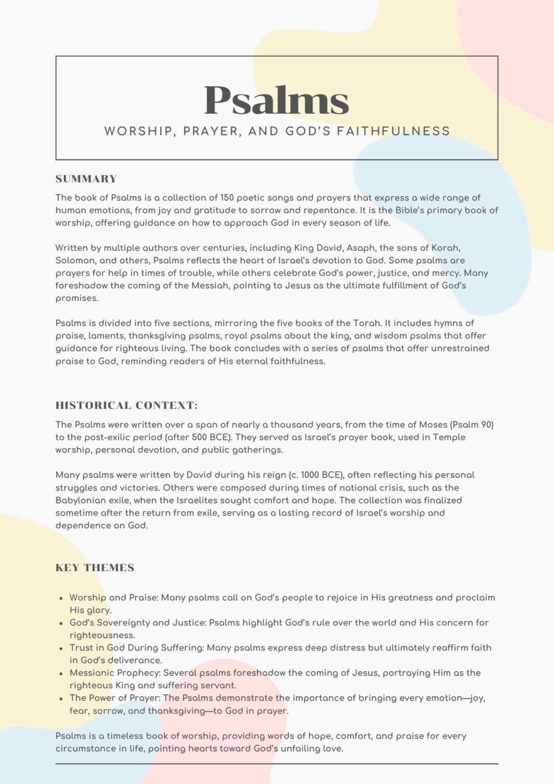 Psalms Bible Summary Sheet Printable – Worship, Prayer, and God’s ...