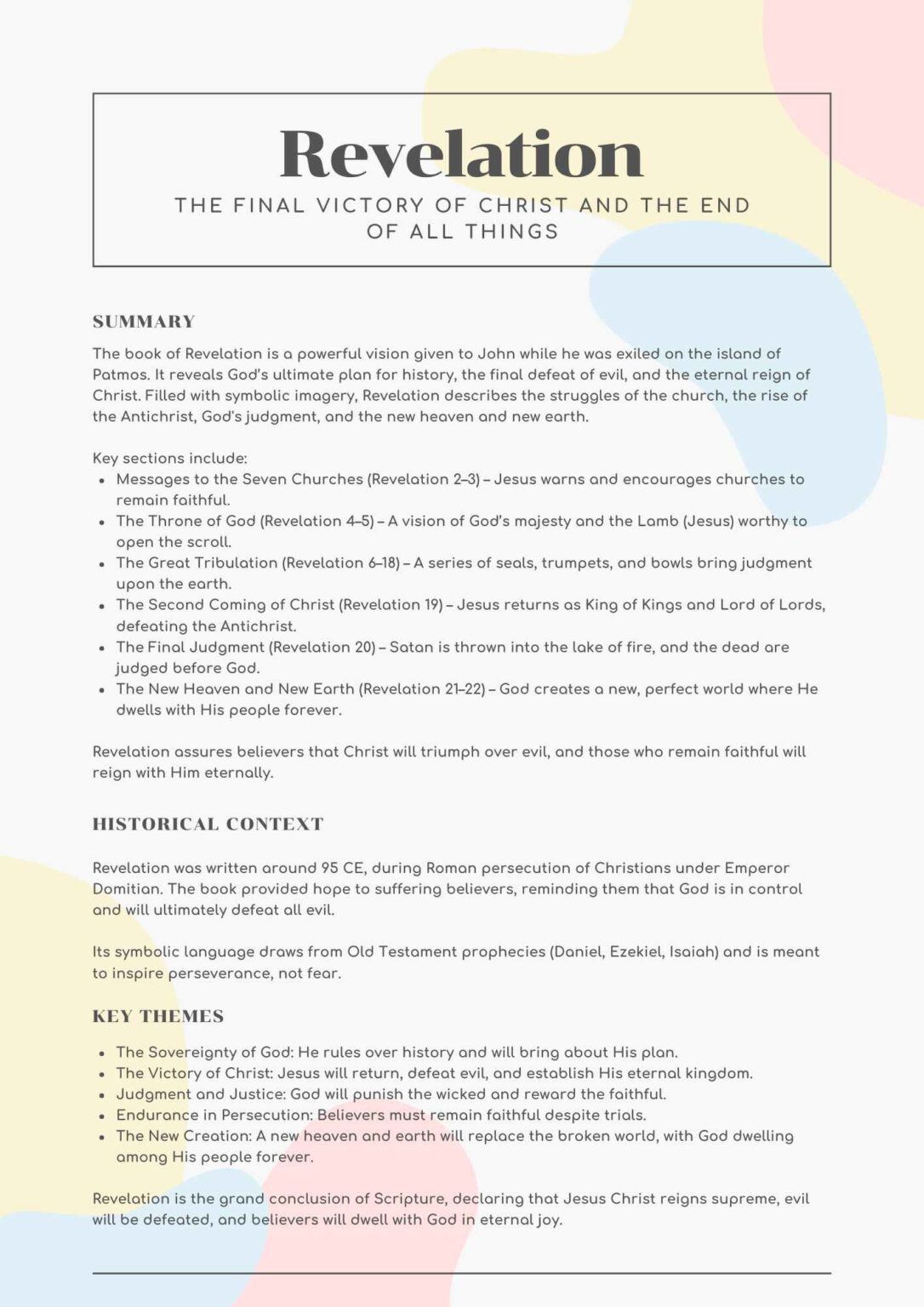 Revelation Bible Summary Sheet Printable – The End Times and Christ’s ...