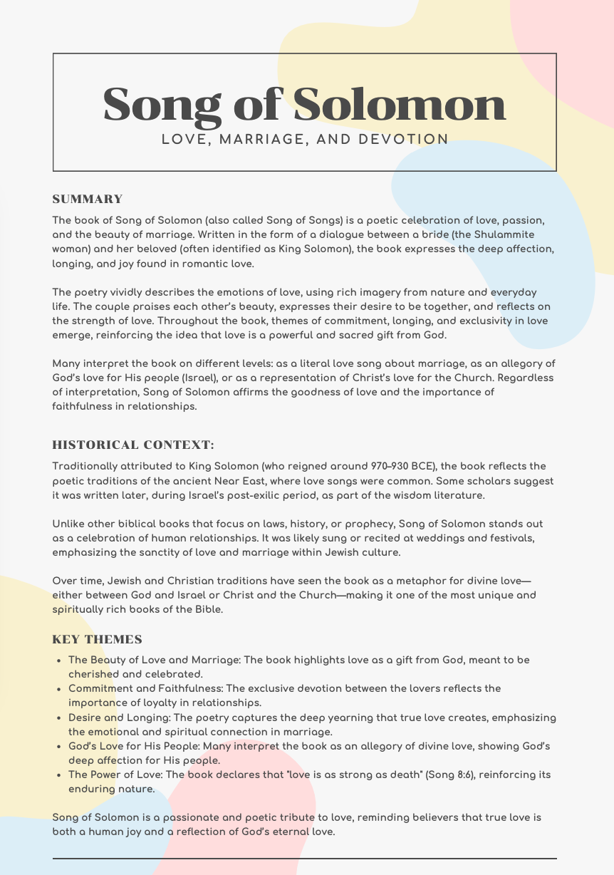 Song of Solomon Bible Summary Sheet Printable – Biblical Love and God’s ...