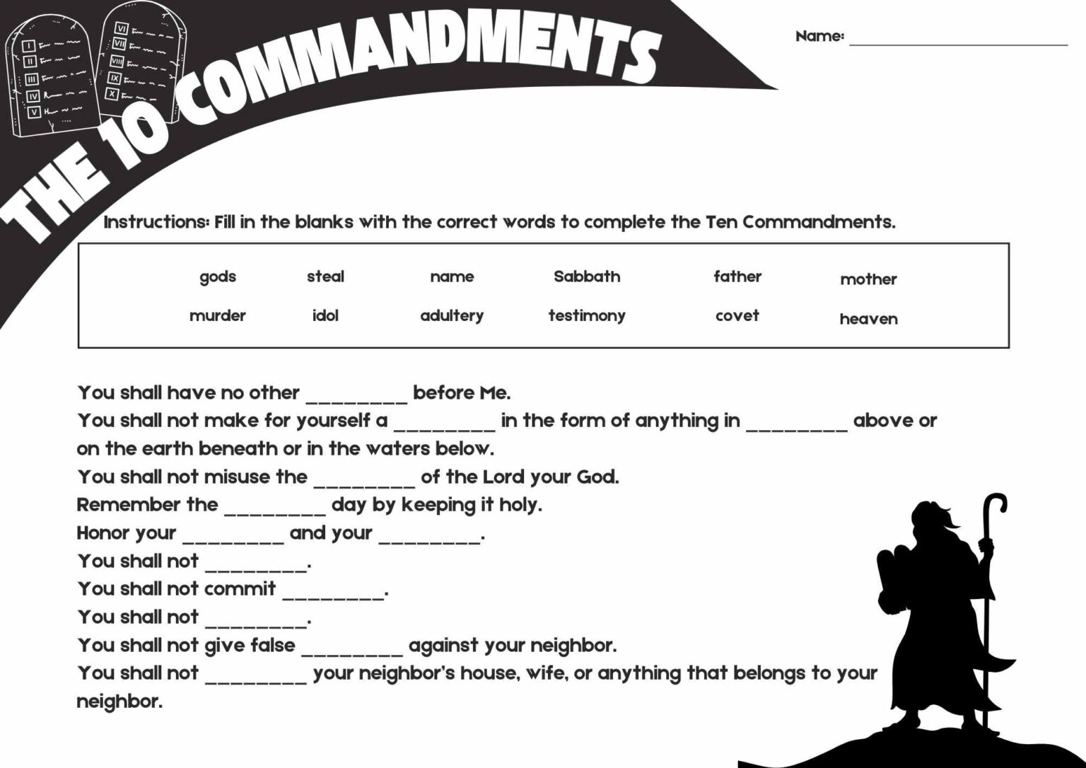Fill-in-the-Blank Printable: The Ten Commandments & The Lord's Prayer ...