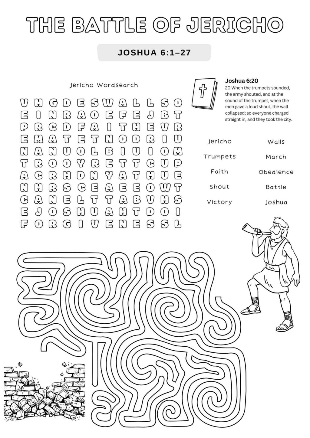 The Battle of Jericho – Walls Fall Down: 6 Bible Activity Sheet with ...