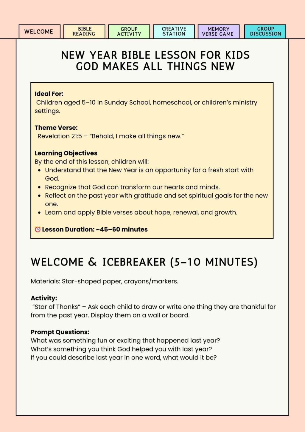 New Year Bible Lesson – Free Printable Lesson Plan, Memory Game ...