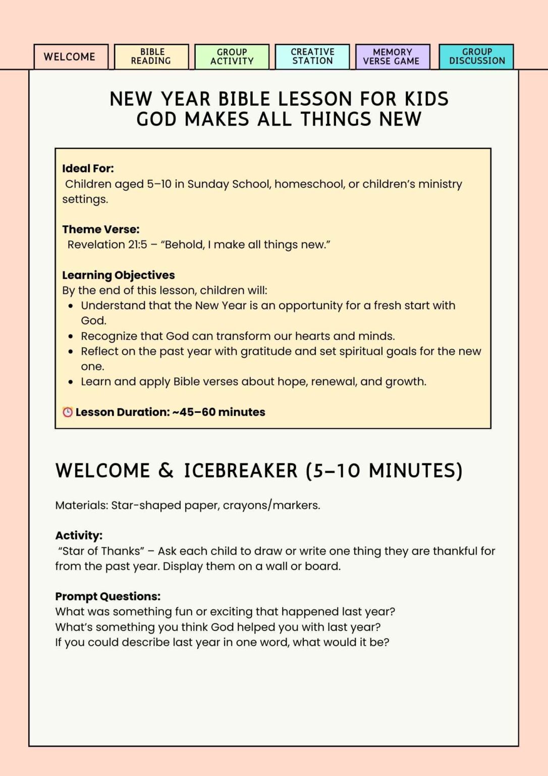 New Year Bible Lesson – Free Printable Lesson Plan, Memory Game, Coloring & Activities for Kids ...