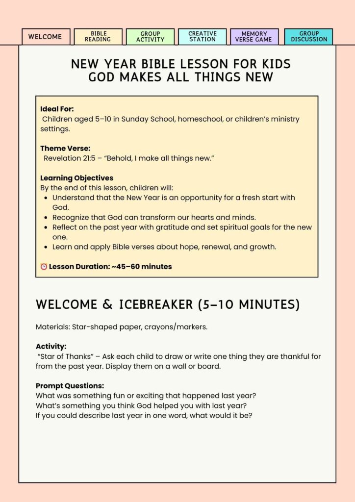 New Year Bible Lesson – Free Printable Lesson Plan, Memory Game ...