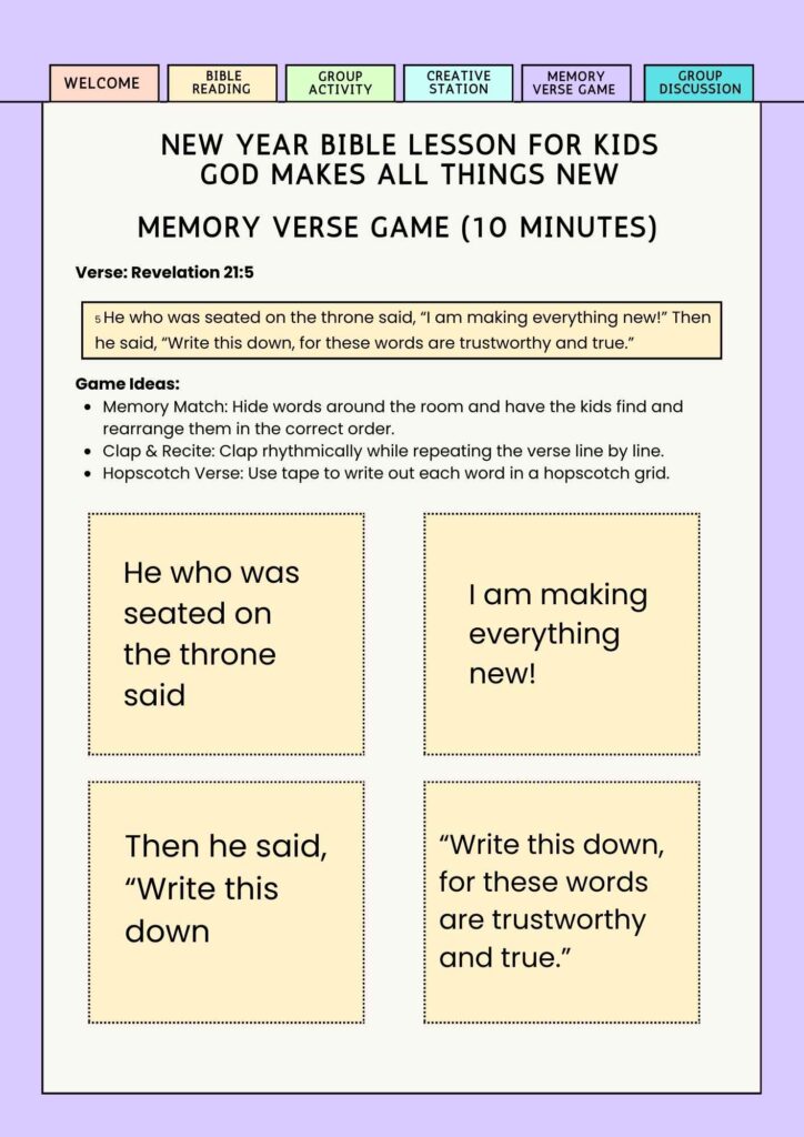 New Year Bible Lesson – Free Printable Lesson Plan, Memory Game ...