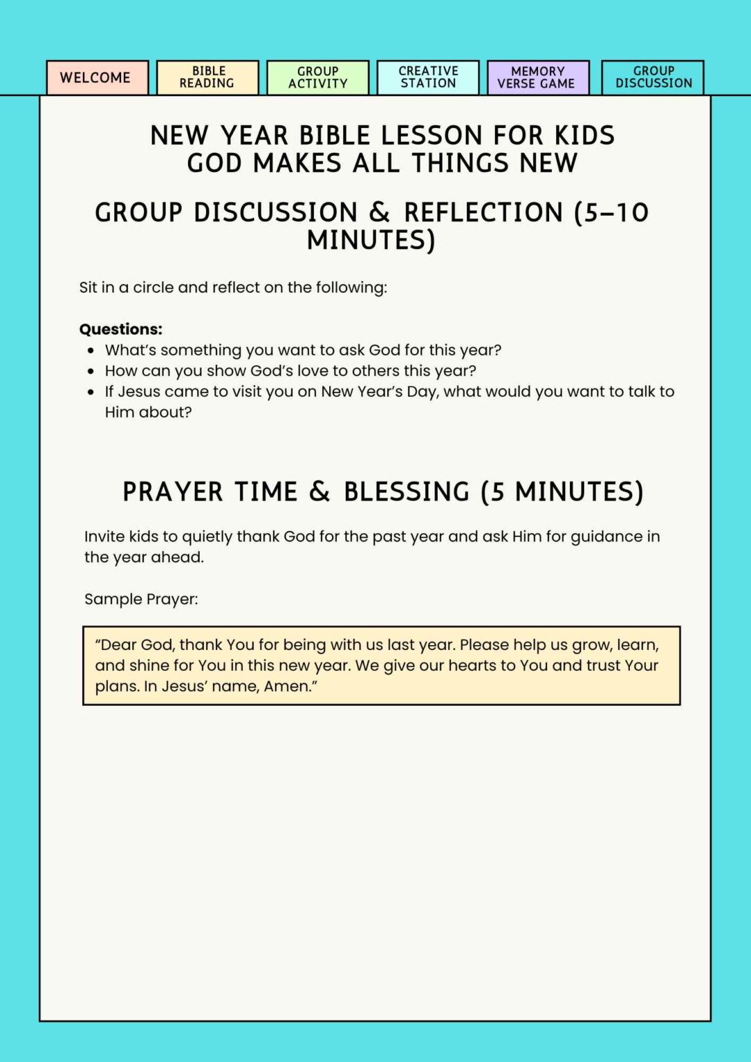 New Year Bible Lesson – Free Printable Lesson Plan, Memory Game ...