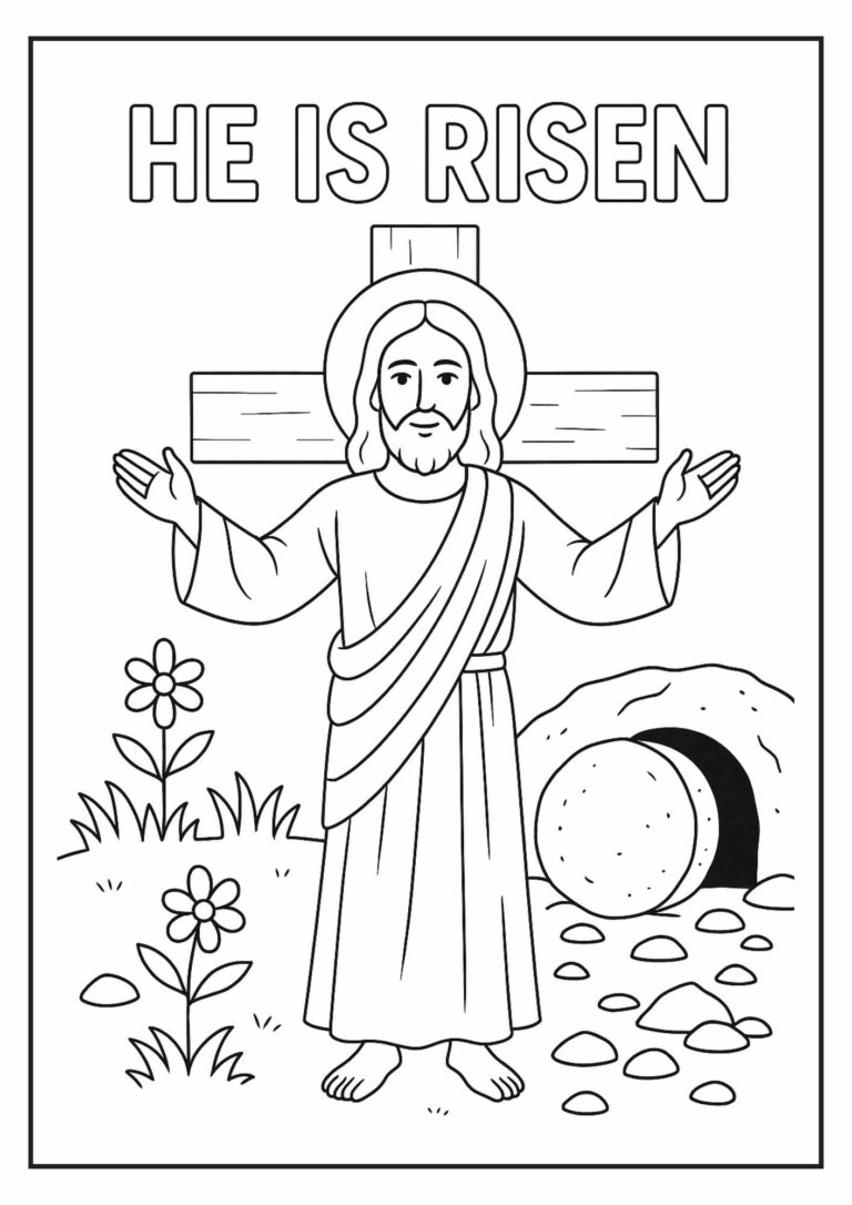 He Is Risen – Easter Coloring Page of Jesus - Free Bible Worksheets