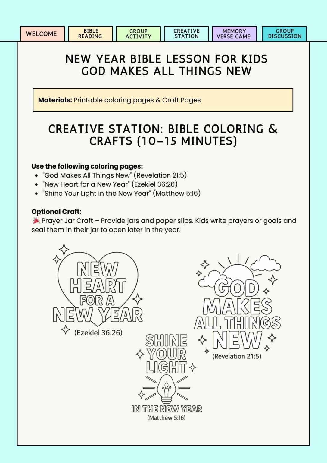 New Year Bible Lesson – Free Printable Lesson Plan, Memory Game ...