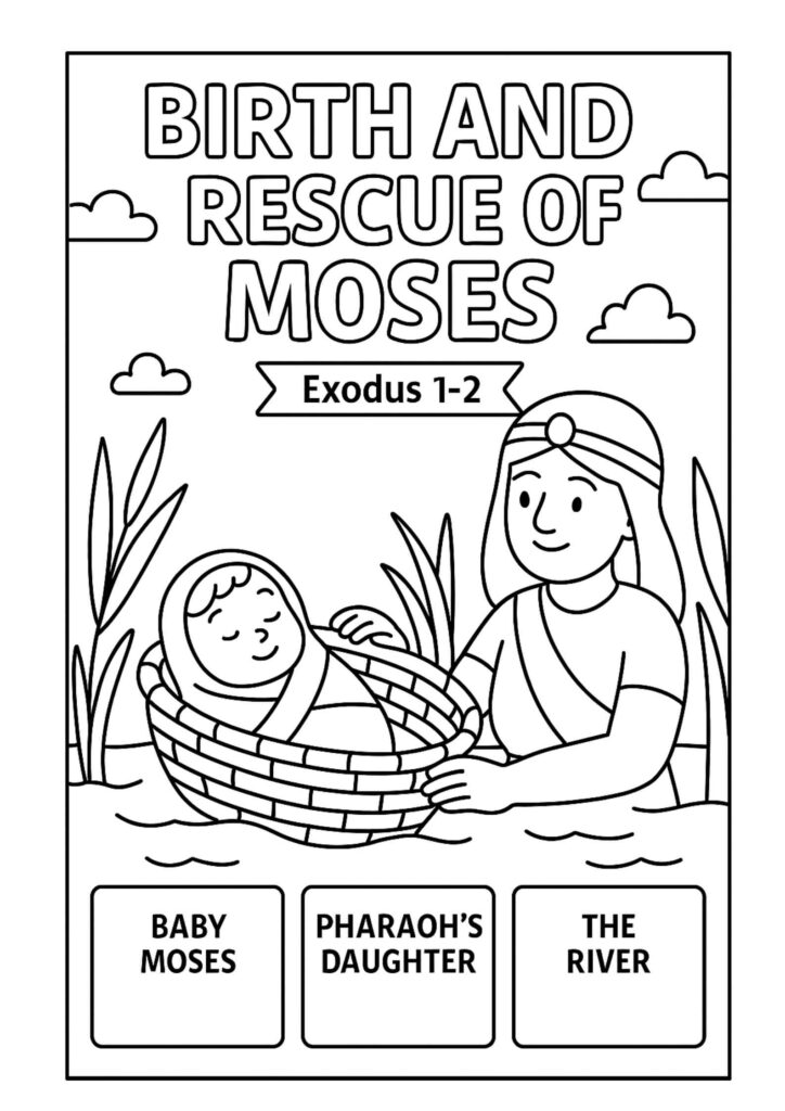 Birth and Rescue of Moses Coloring Page – Free Exodus 1–2 Printable for Kids - Free Bible Worksheets