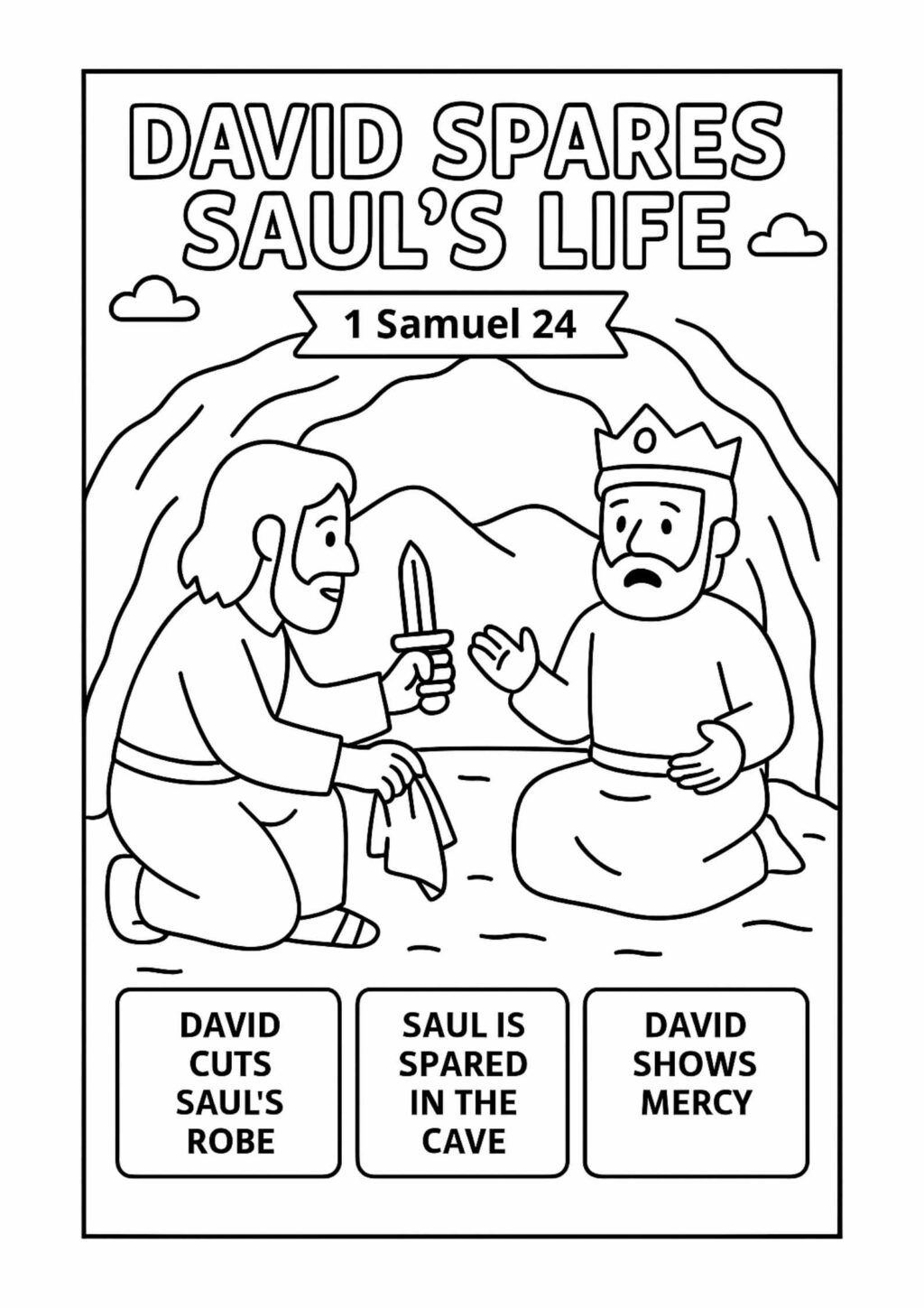 David Spares Saul’s Life – 1 Samuel 24 Coloring Page (Free Printable ...