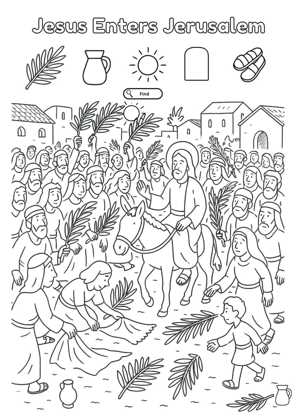 Palm Sunday “Jesus Enters Jerusalem” Coloring & Object Find Page – Free ...