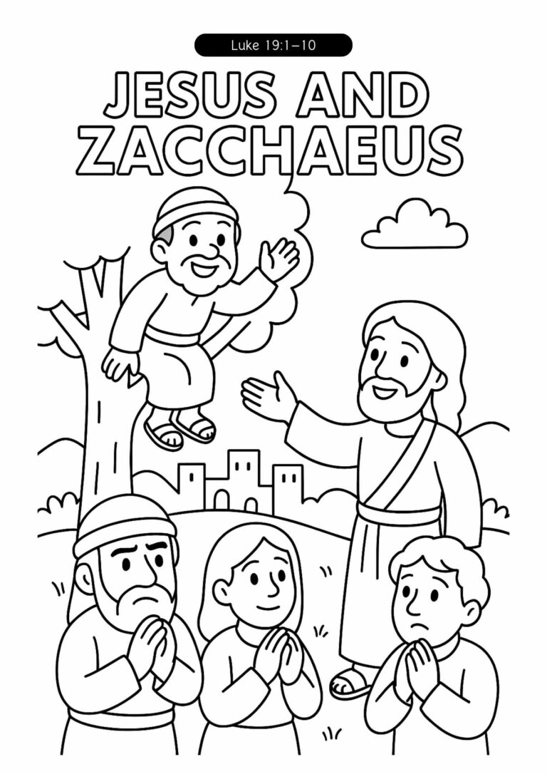 Jesus and Zacchaeus Coloring Page (Luke 19:1–10) - Free Bible Worksheets
