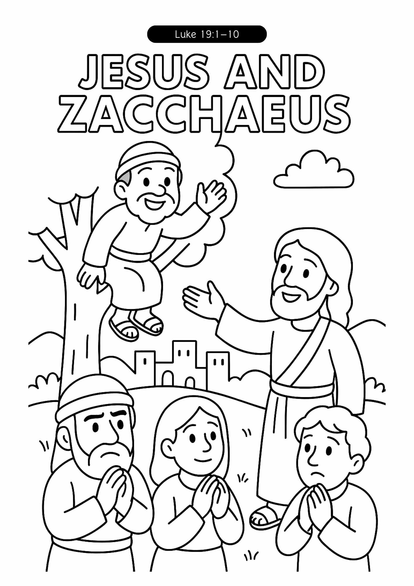 Jesus and Zacchaeus Coloring Page (Luke 19:1–10) - Free Bible Worksheets