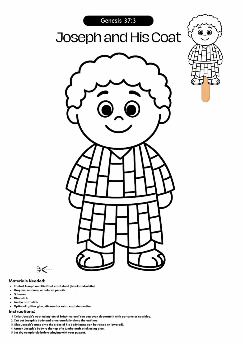 Joseph and His Coat Craft Stick Puppet - Free Bible Worksheets