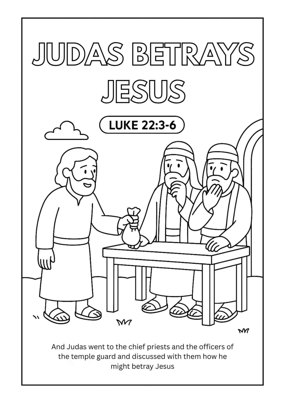 Judas Betrays Jesus – Free Bible Coloring Page (Luke 22:3–6) - Free ...