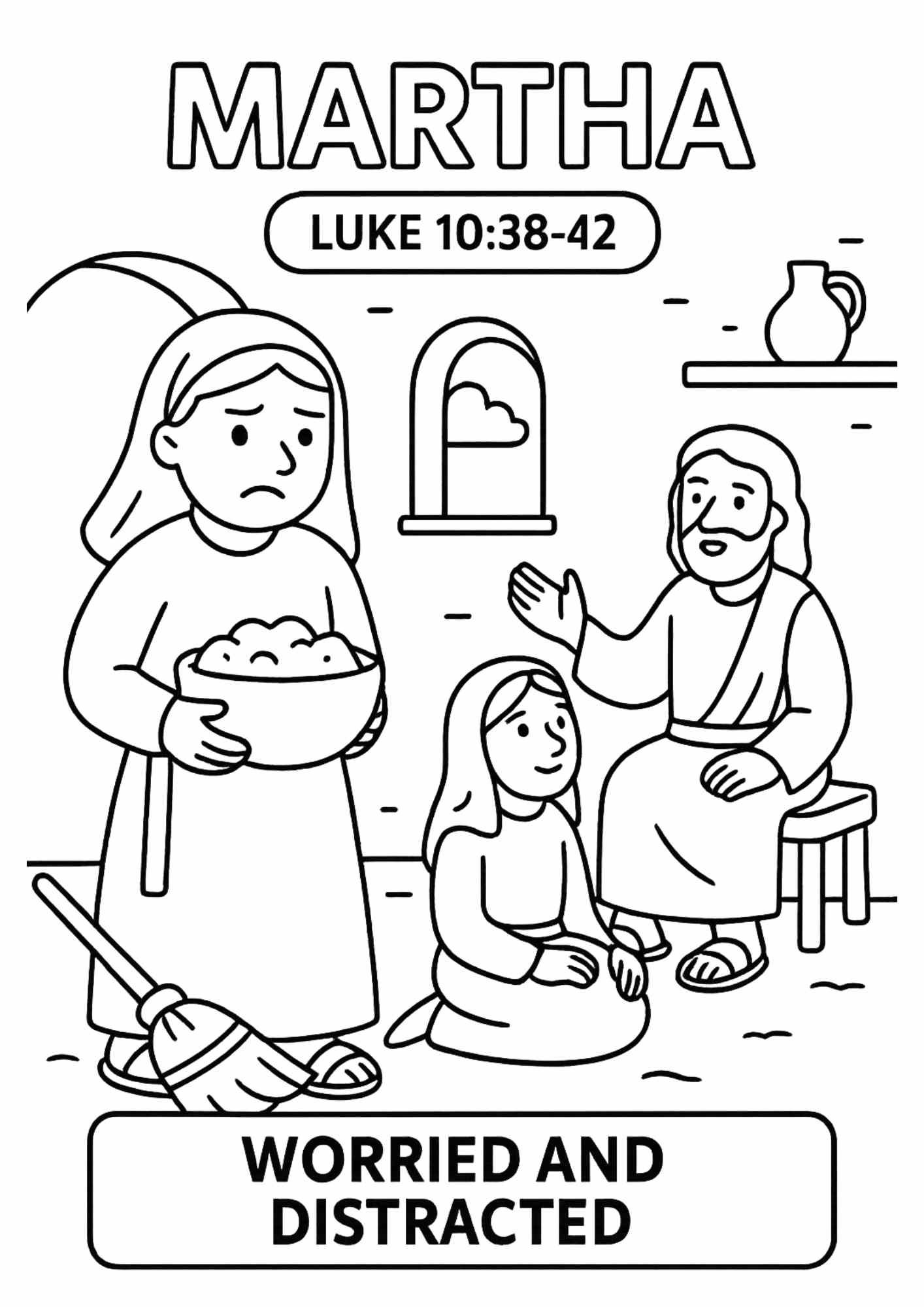 Martha Bible Coloring Page – Free Printable for Kids (Luke 10:38–42 ...