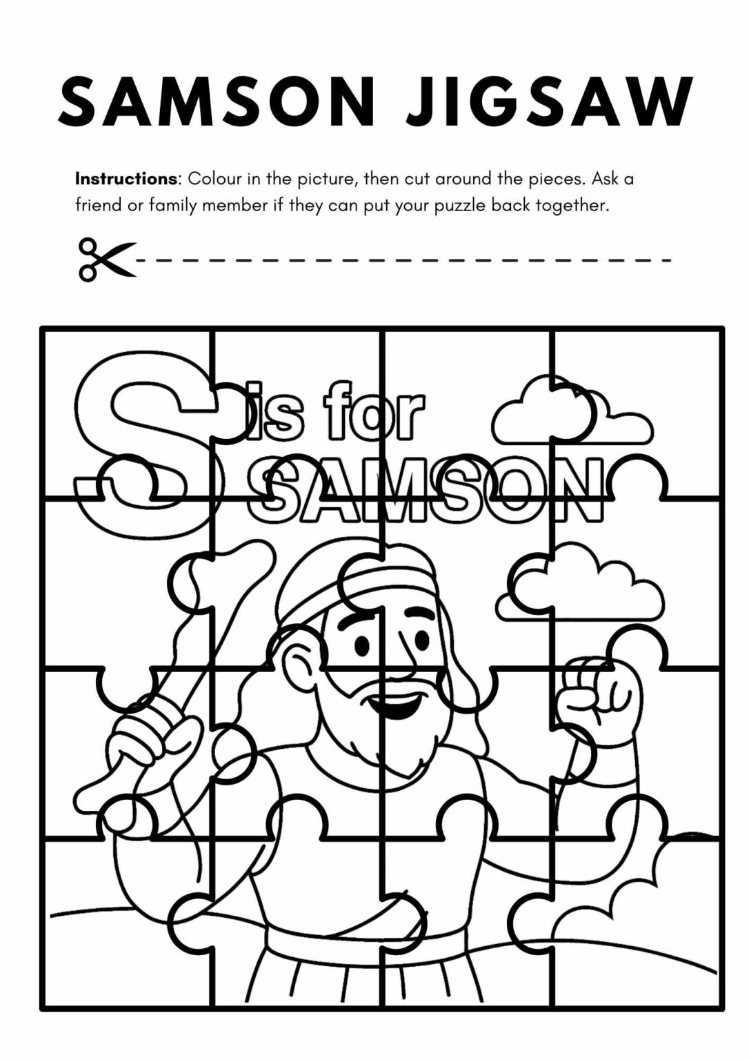 Samson Themed Cut and Color Puzzle – Free Bible Printable for Kids ...
