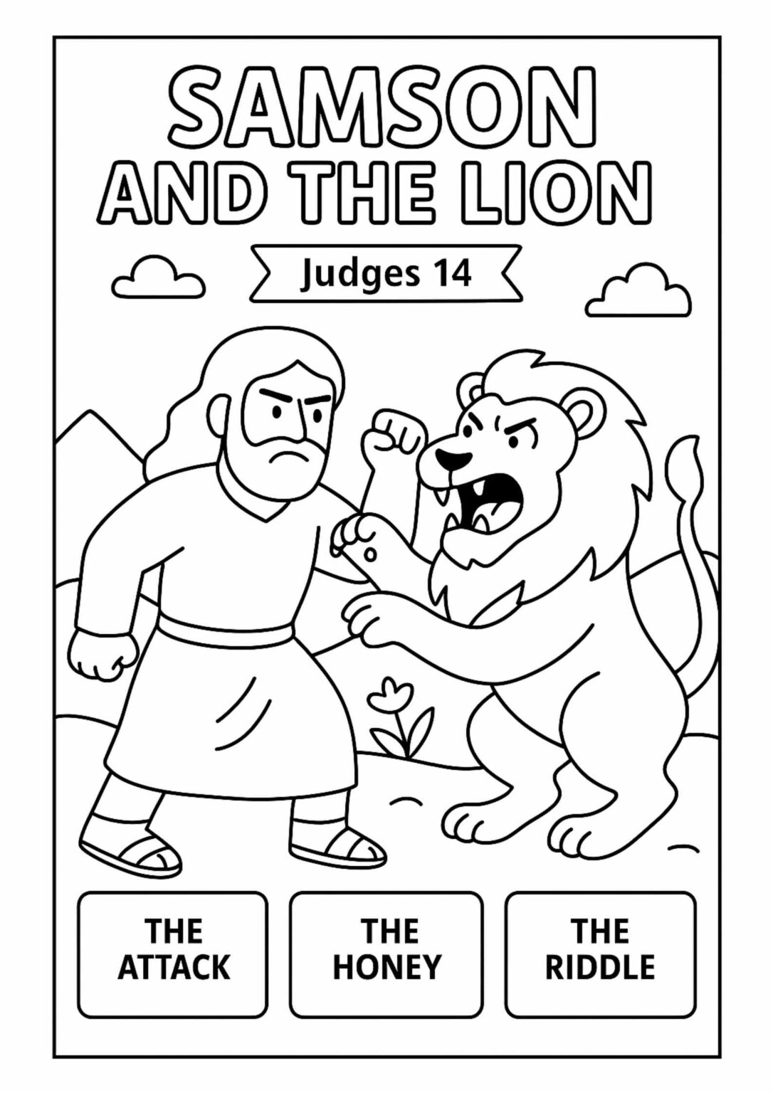 Samson and the Lion Coloring Page – Free Judges 14 Printable for Kids - Free Bible Worksheets