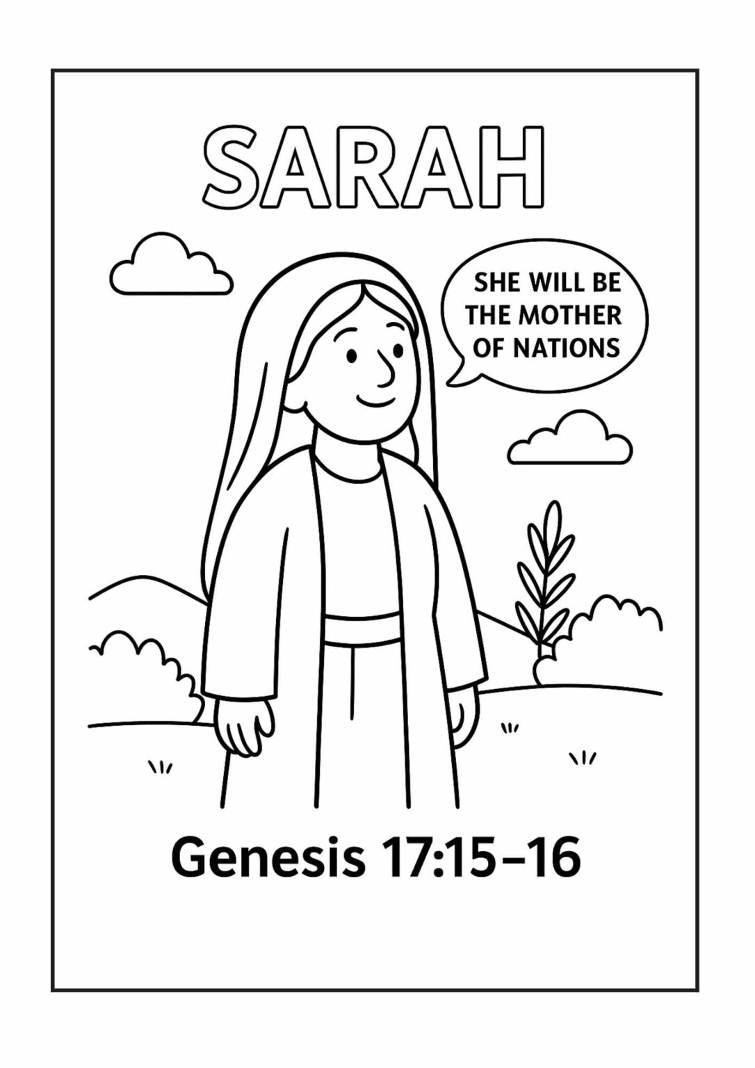 Sarah Bible Character Coloring Page – Free Printable for Kids (Genesis ...